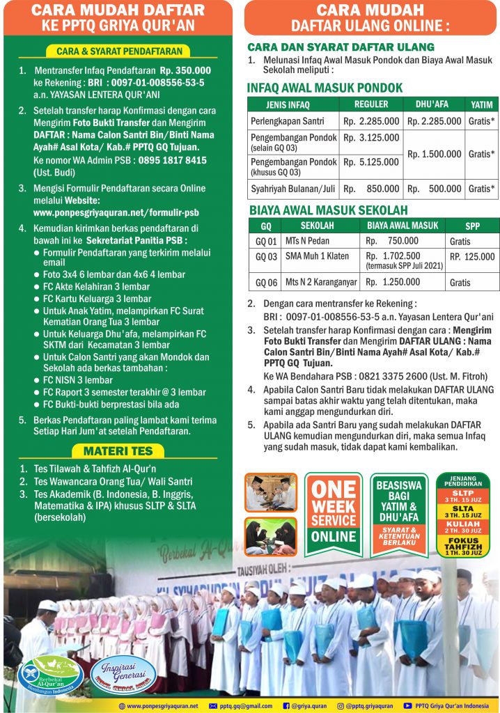 INFORMASI PENERIMAAN SANTRI BARU TAHUN PELAJARAN 2021/2022 – PPTQ GRIYA QUR'AN